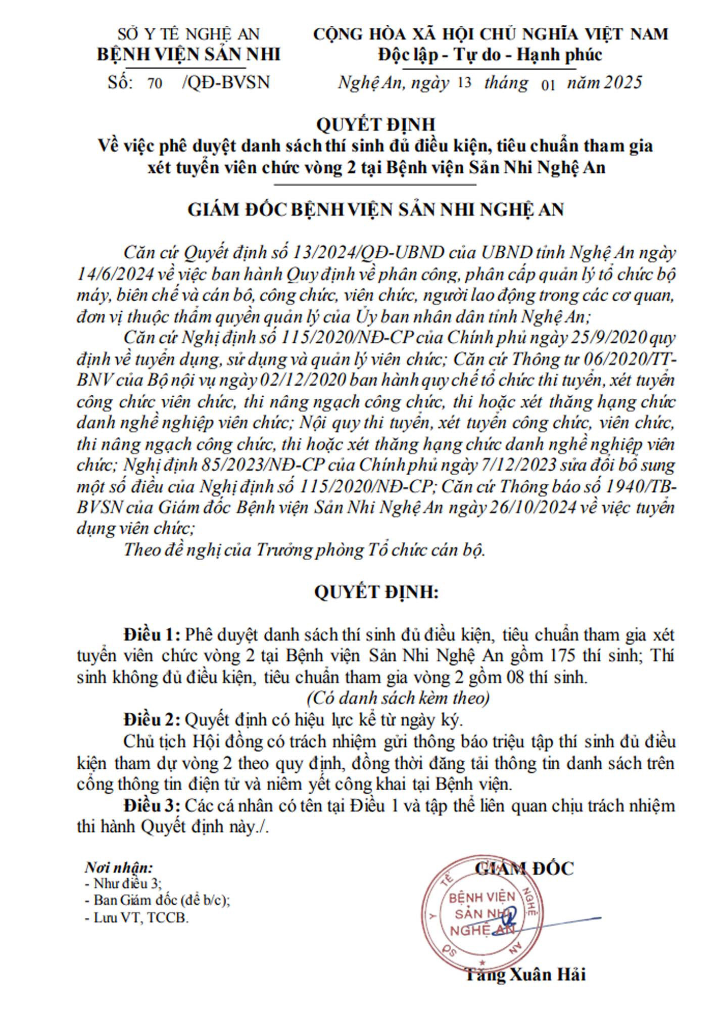 Quyết định số 70/QĐ-BVSN về việc phê duyệt kết quả tuyển dụng viên chức ...