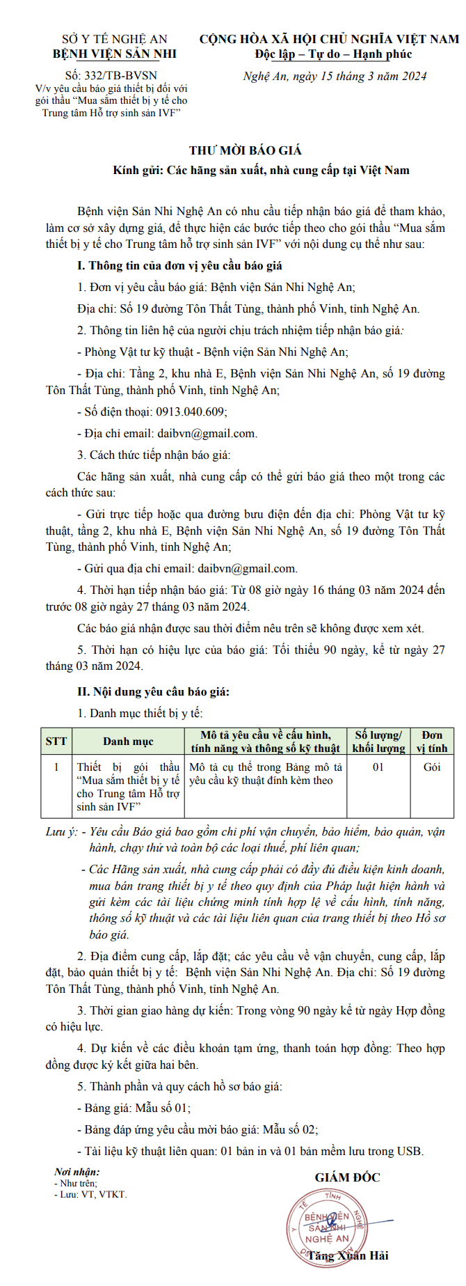 Thông báo thư mời chào giá số 332/TB-BVSN ngày 15 tháng 3 năm 2024 ...